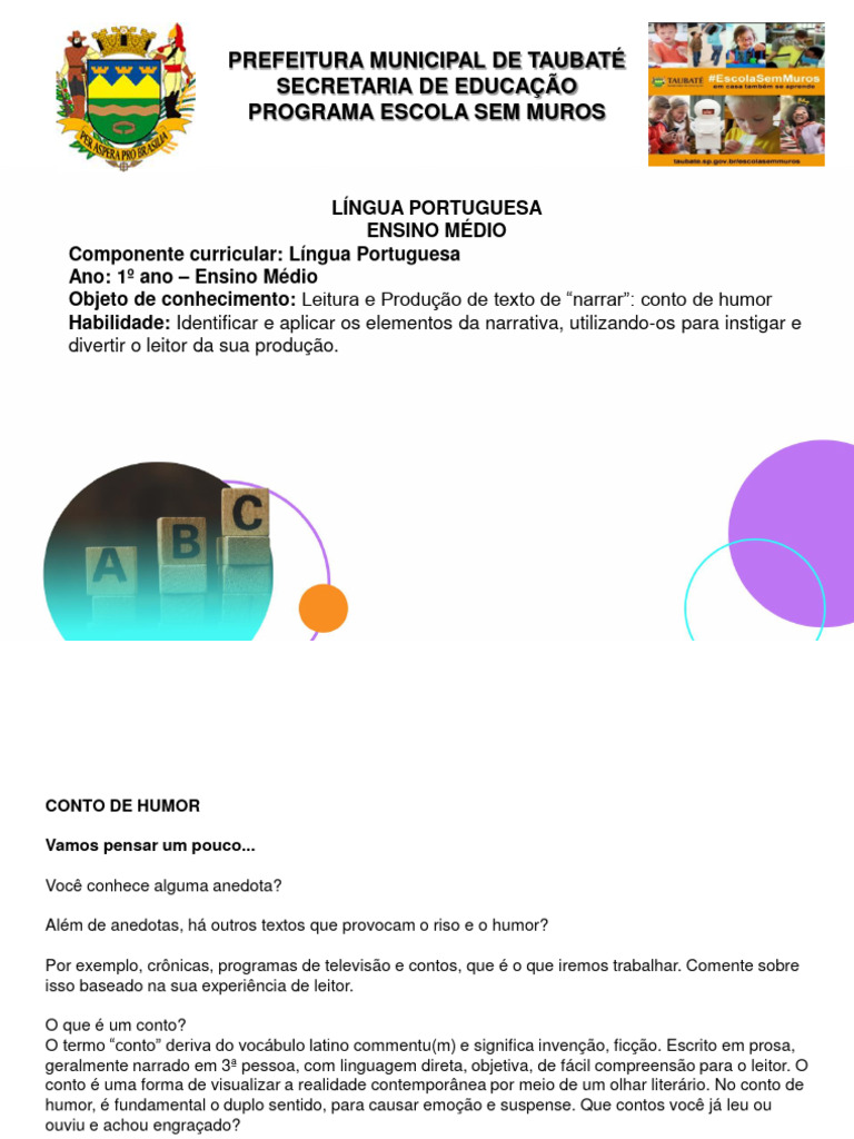 1 Ano M PORTUGUèS Ativ. 08 Conto de Humor | PDF | Contos | Piadas