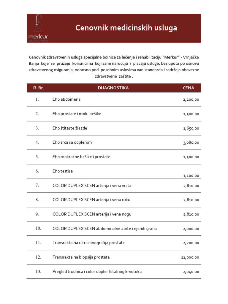 Cenovnik Medicinskih Usluga Merkur Vrnjacka Banja Terme Merkur | PDF