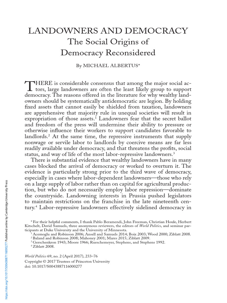 Landowners and Democracy The Social Origins of Democracy Reconsidered ...