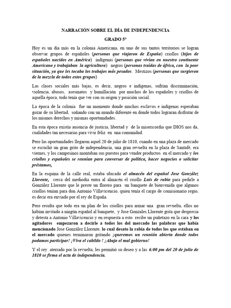 Narración Sobre El Dia de Independencia | PDF | España | Colonización ...