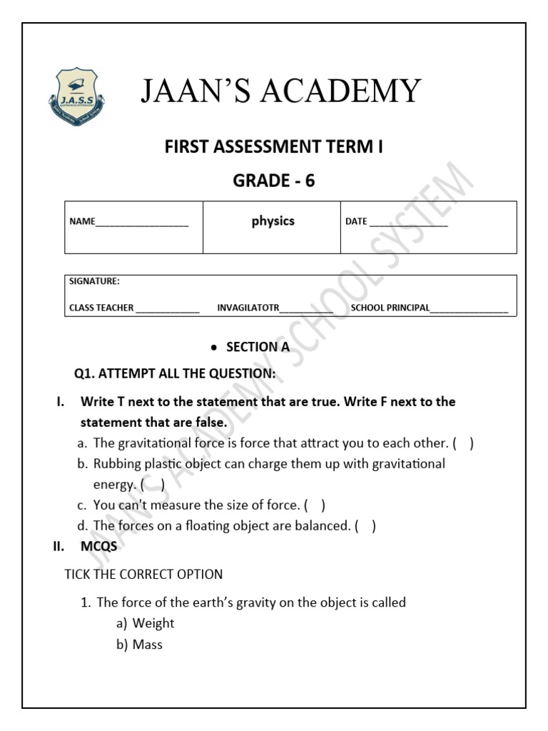 Grade 6 Science Assessment Questions | PDF | Force | Mass
