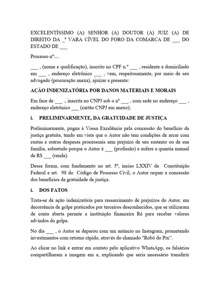 Modelo de Peticao Inicial de Acao Indenizatoria Por Fraude Bancaria ... Modelo de Peticao Inicial de Acao Indenizatoria Por Fraude Bancaria ...