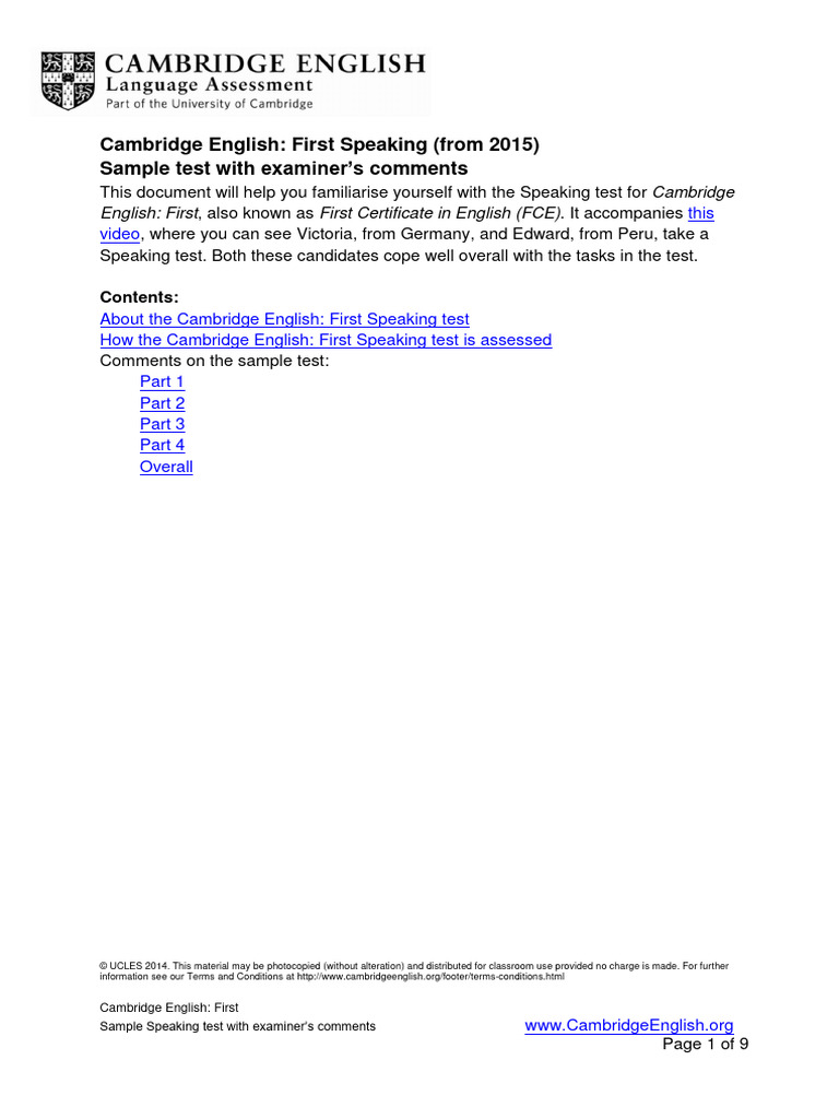 Cambridge English First Speaking Test Examiner Comments | PDF | English ...