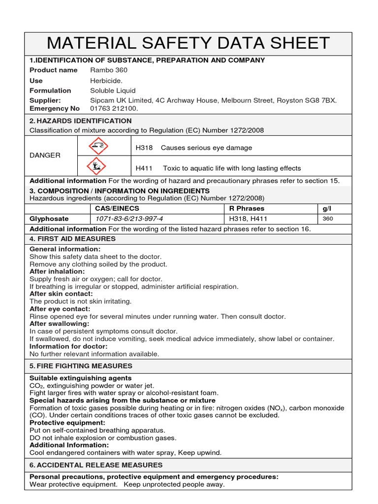 Msds Rambo 360 SUK MSDS 20160119 | PDF | Water | Dangerous Goods