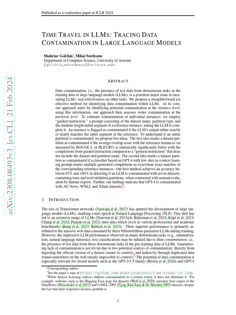 T T LLM: T D C L L M: IME Ravel in S Racing ATA Ontamination in Arge Anguage Odels | PDF