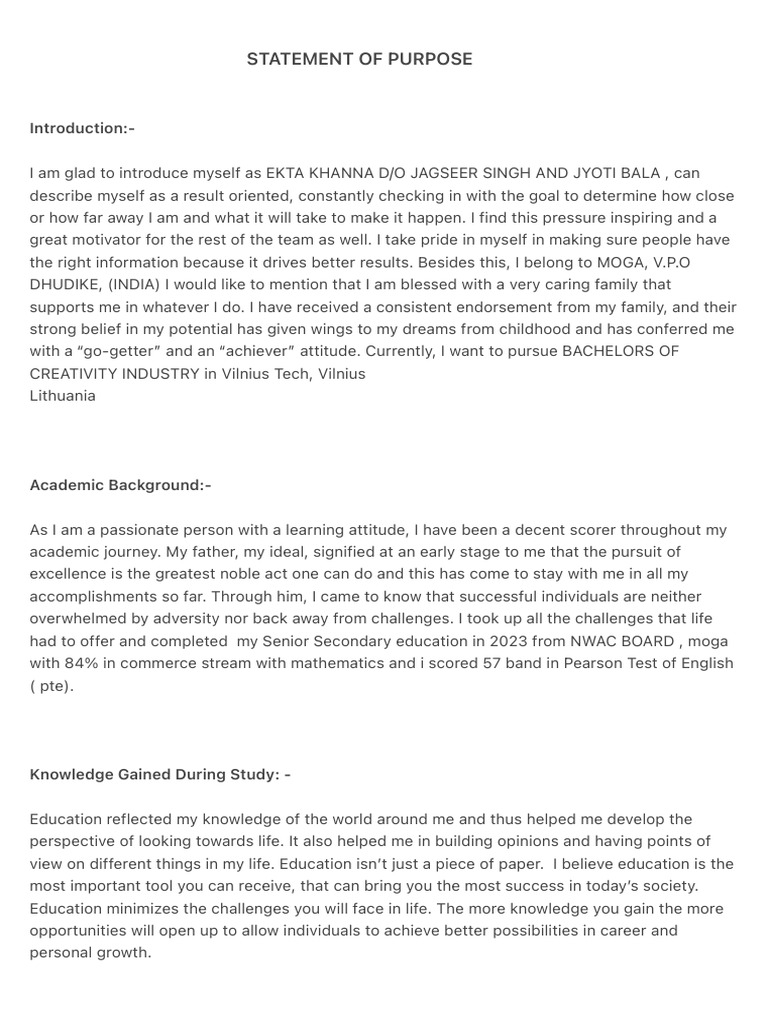 STATEMENT OF PURPOSE Sample | PDF | Media (Communication) | Knowledge