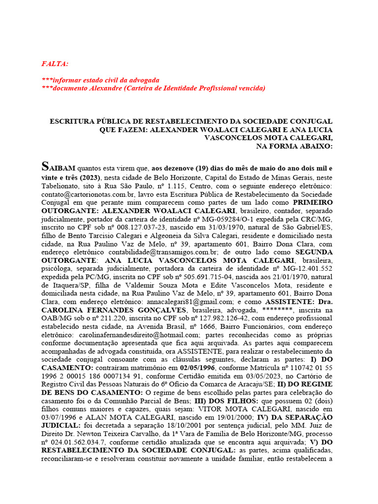 Restabelecimento da Sociedade Conjugal | PDF | Casamento | Justiça