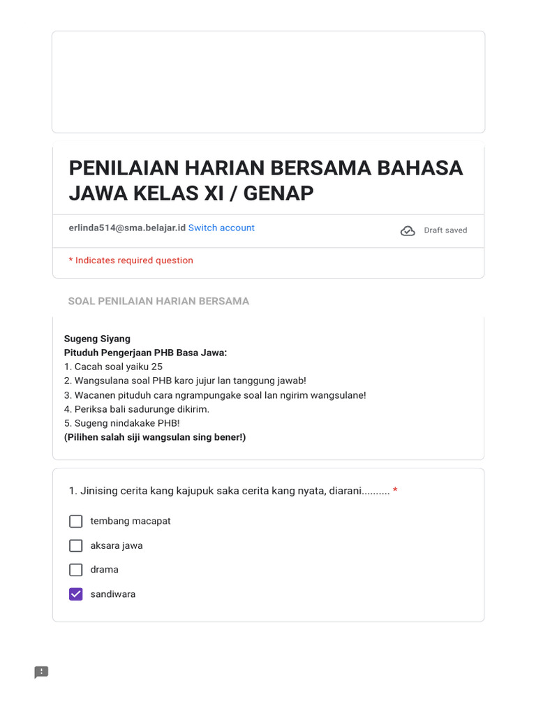Penilaian Harian Bersama Bahasa Jawa Kelas Xi - Genap-1 | PDF