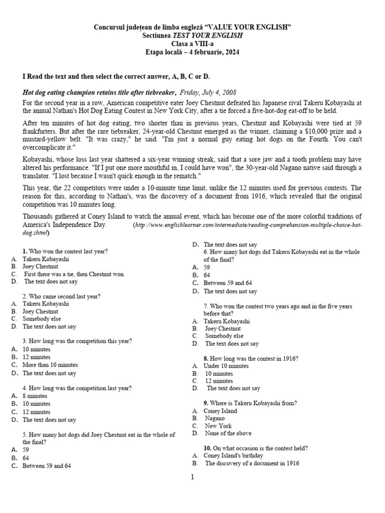 Clasa A VIII-A - Subiecte Et. Locala TYE 2024 | PDF