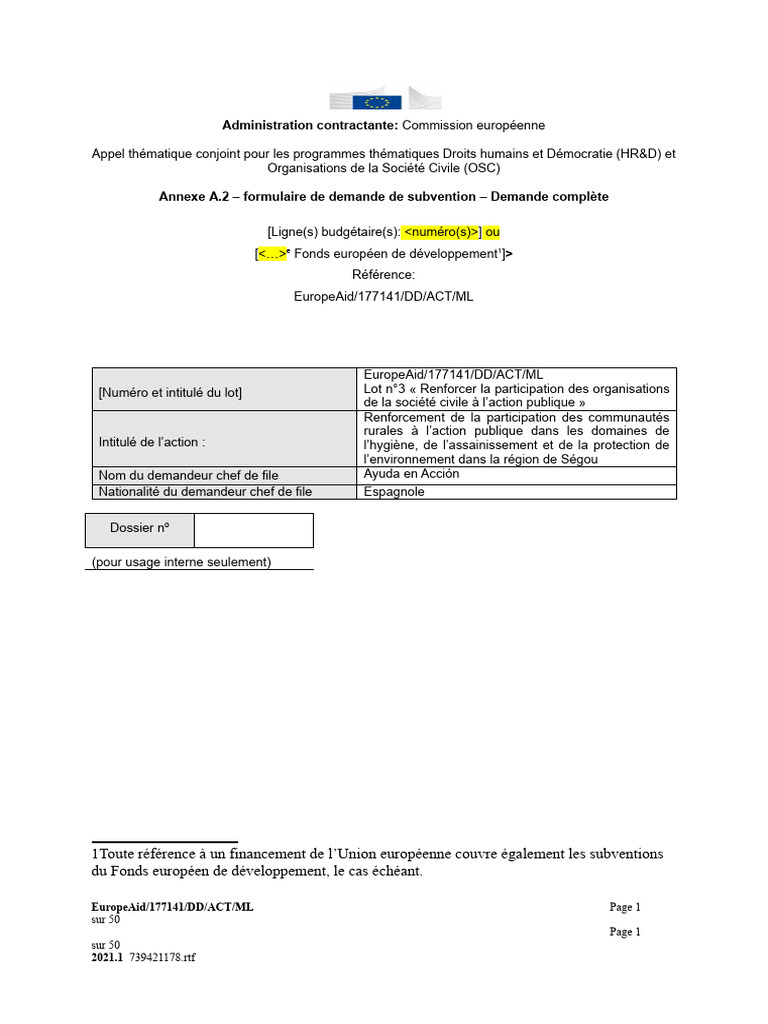 Annexe A2. Formulaire Demande Subvention Demande Complète - FINAL | PDF | Environnement naturel ...