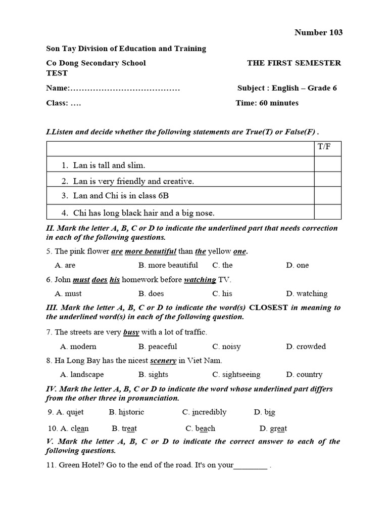 Grade 6 English Semester Test | PDF | Art