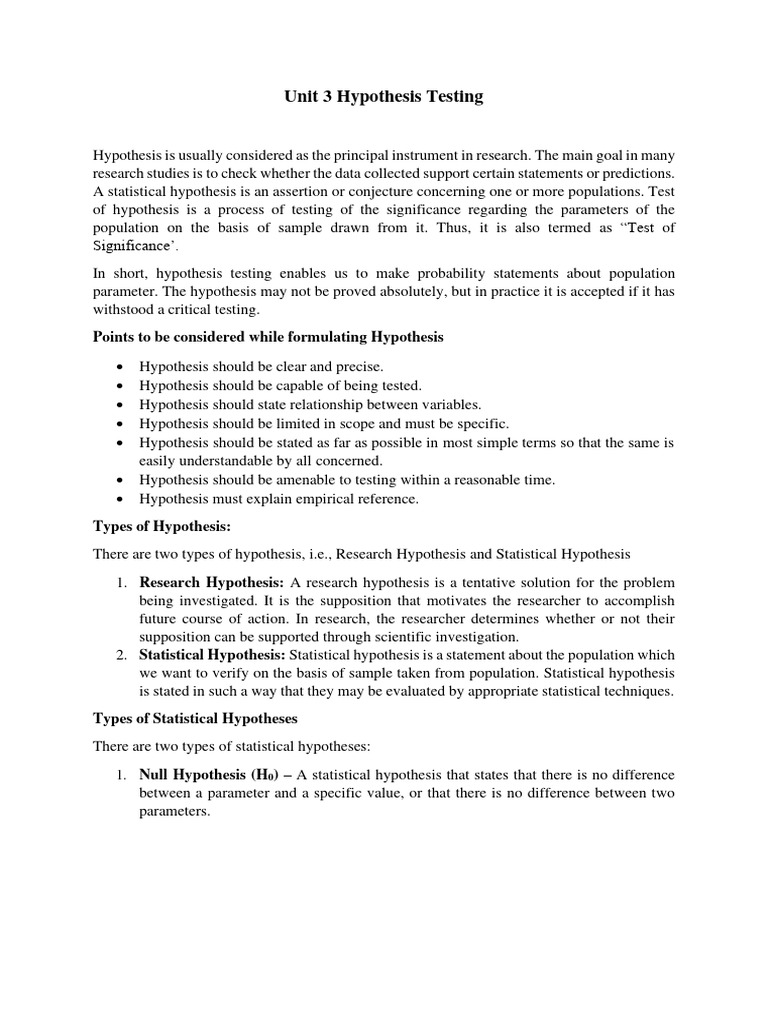 Unit 3 Hypothesis Testing Pdf Statistical Hypothesis Testing