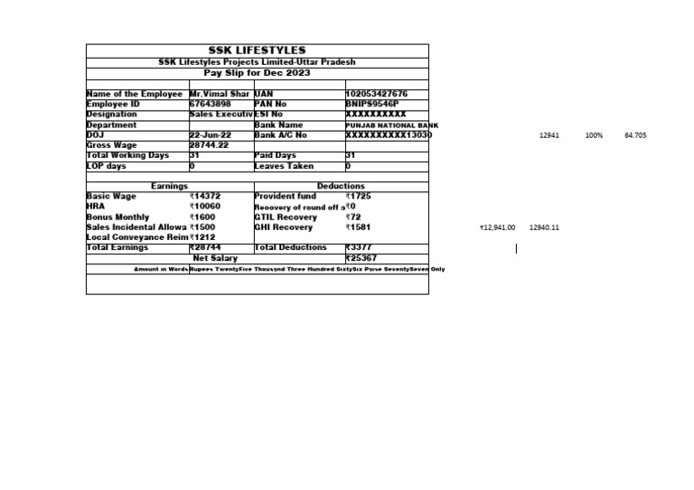 SSK Lifestyles: Pay Slip For Dec 2023 | PDF