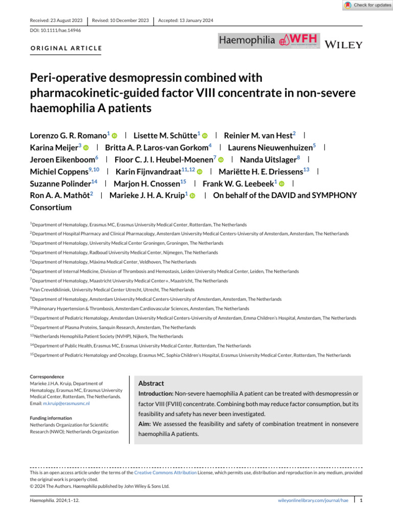 Haemophilia - 2024 - Romano - Peri Operative Desmopressin Combined With Pharmacokinetic Guided ...