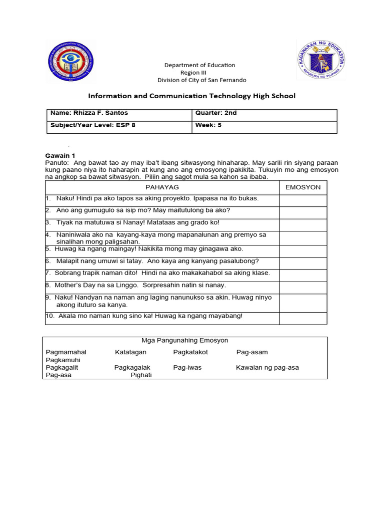 Emosyon q2 Week 5 January 2022 | PDF