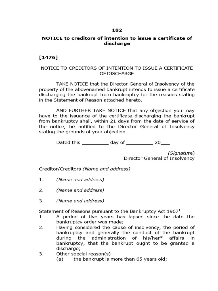 182 NOTICE To Creditors of Intention To Issue A Certificate of ... 182 NOTICE To Creditors of Intention To Issue A Certificate of ...
