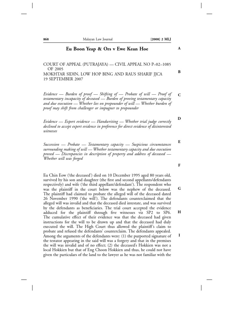 Eu Boon Yeap & Ors V Ewe Kean Hoe | PDF | Burden Of Proof (Law) | Will ...