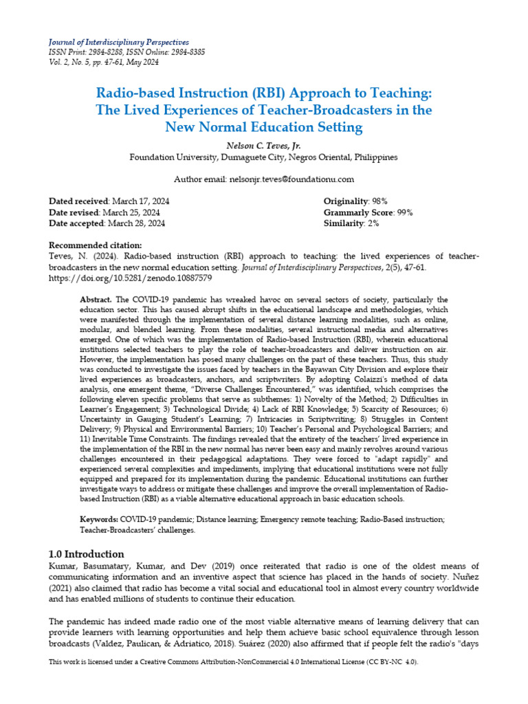 Radio-Based Instruction (RBI) Approach To Teaching: The Lived ...