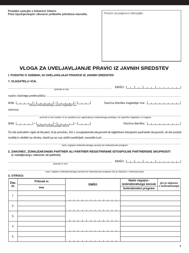 Vloga Za Uveljavljanje Pravic Iz Javnih Sredstev | PDF