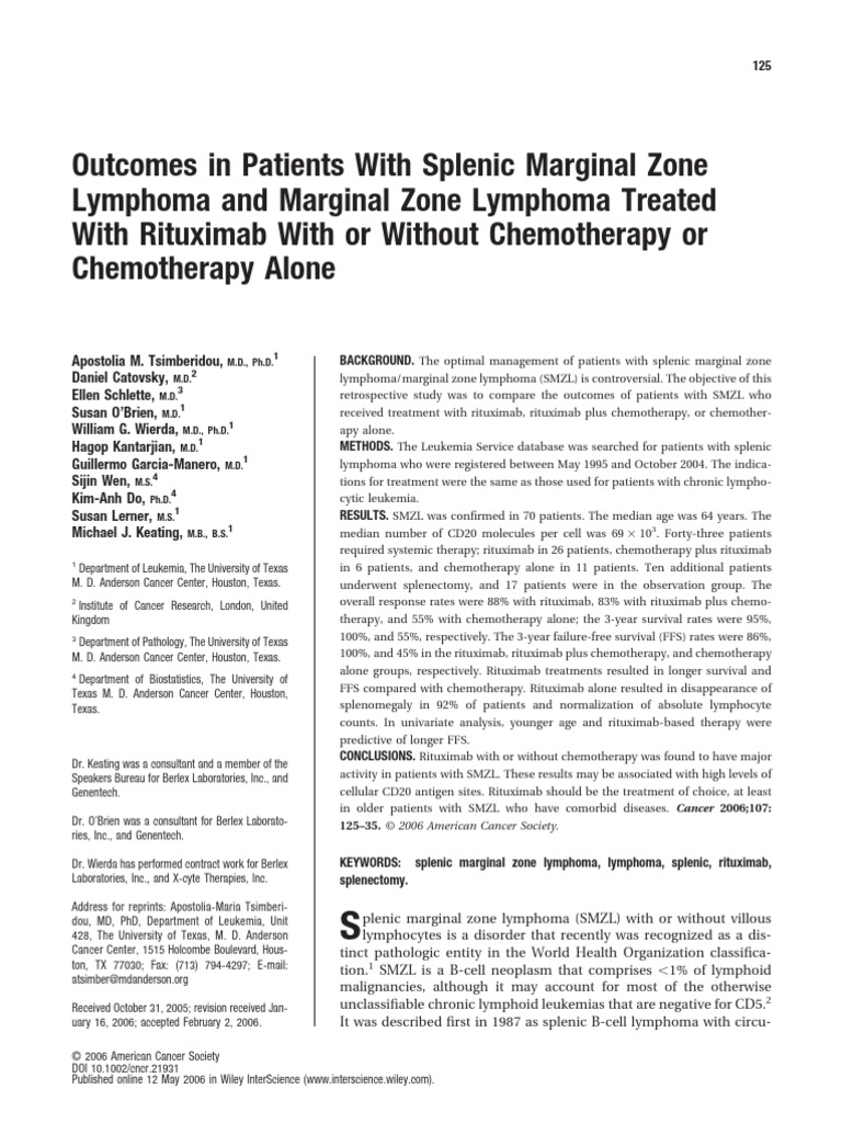 Cancer - 2006 - Tsimberidou - Outcomes in Patients With Splenic Marginal Zone Lymphoma and ...