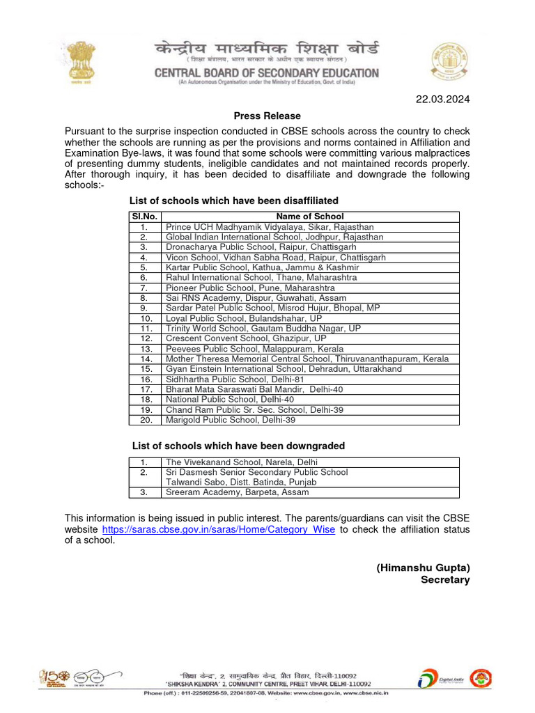 CBSE Disaffiliates 20 Schools Nationwide | PDF | Government Of India ...