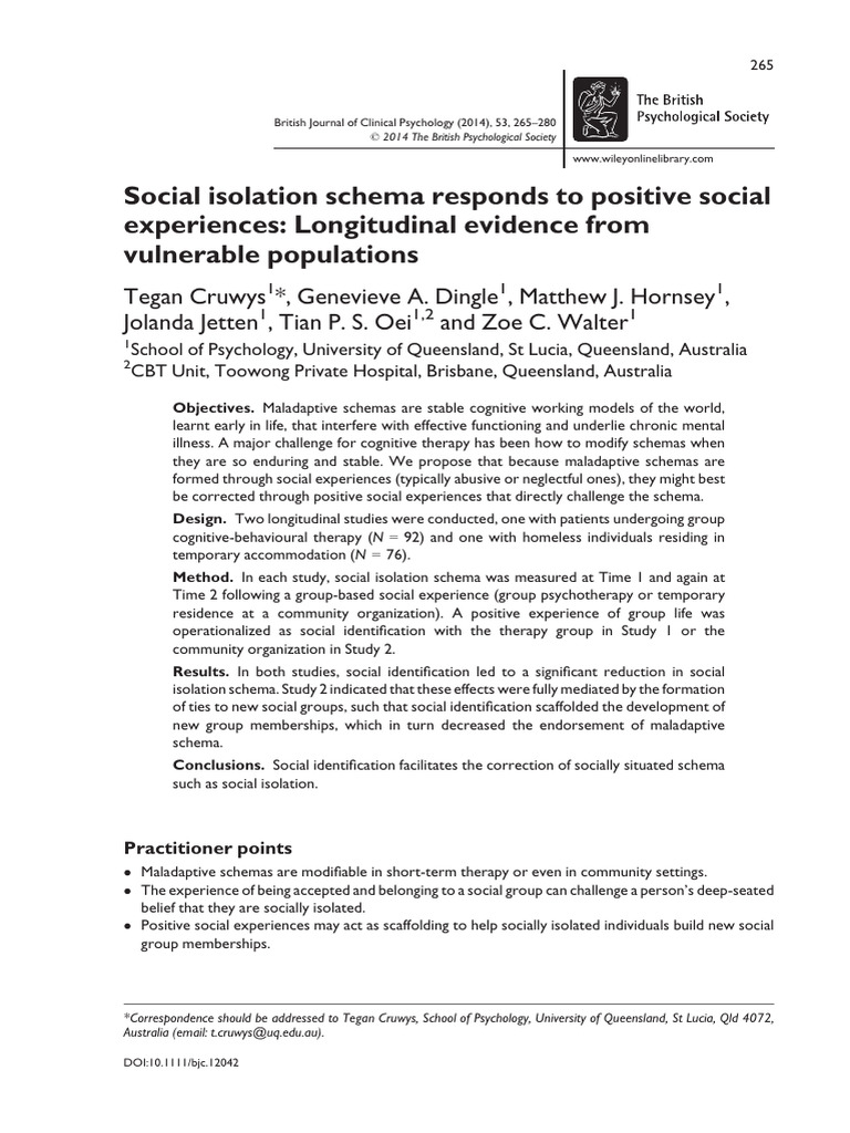 Social Isolation Schema Responds To Positive Social Experiences ...
