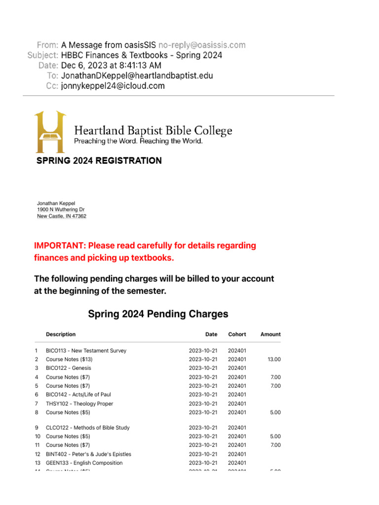 HBBC Finances & Textbooks - Spring 2024 | PDF | Fee | Payments