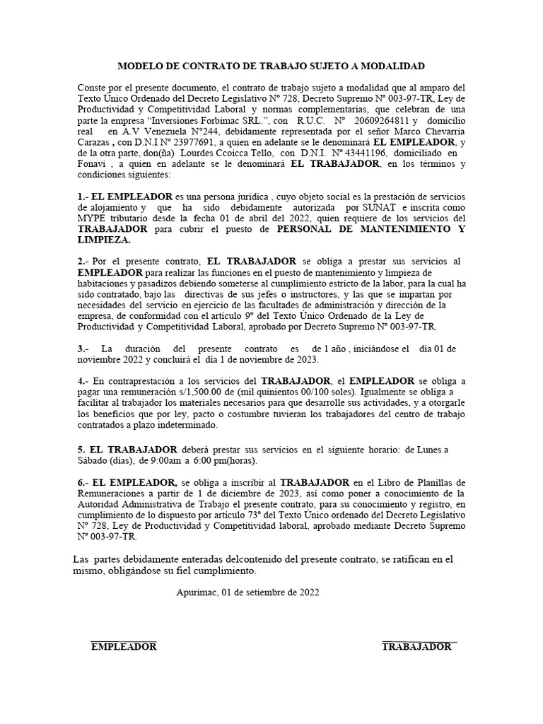 Modelo de Contrato de Trabajo Sujeto A Modalidad | PDF | Derecho laboral | Justicia