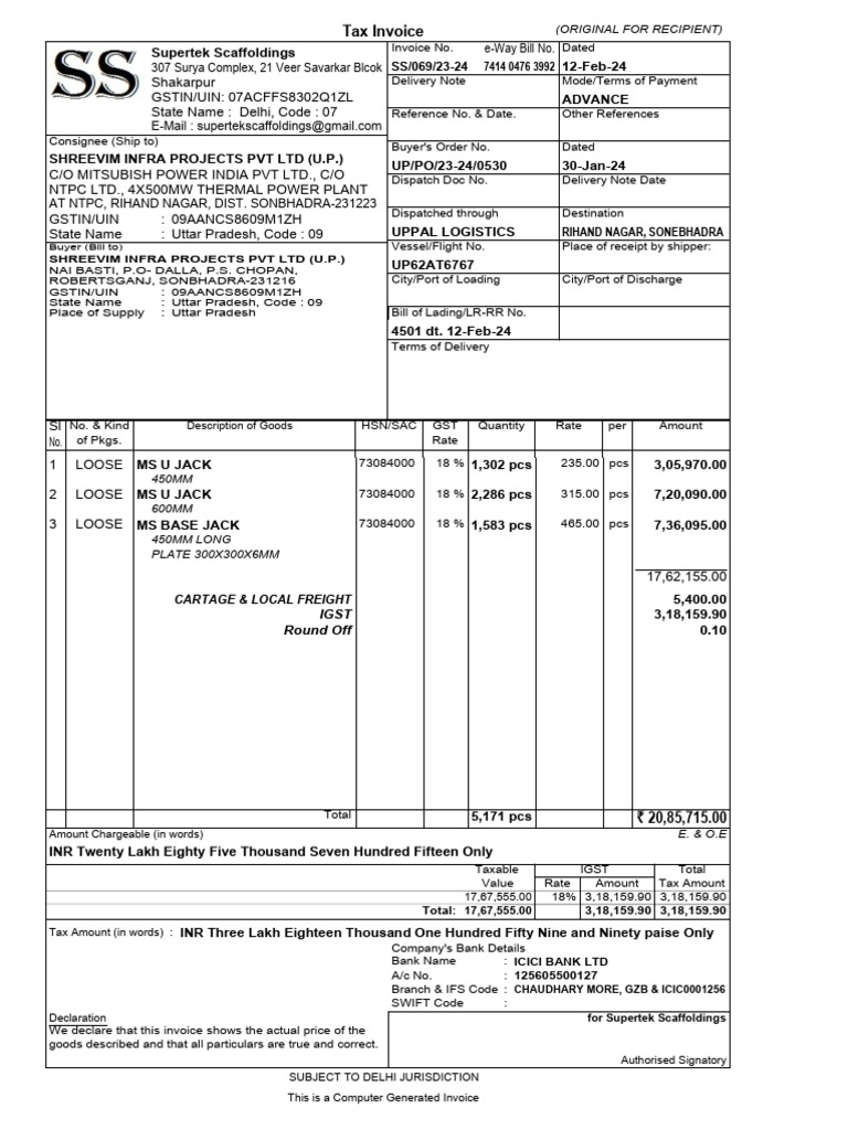 Invoice No. SS069 Shreevim Up | PDF | Taxes | Government Finances