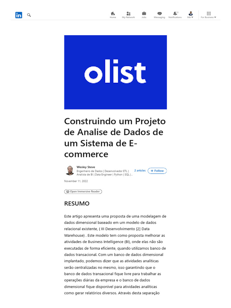 Construindo um Projeto de Analise de Dados de um Sistema de E-commerce _ LinkedIn | PDF ...