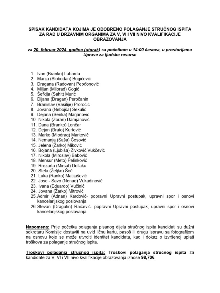 Za 20. Februar 2024. Godine (Utorak) Sa Početkom U 14:00 Časova, U Prostorijama Uprave Za ...
