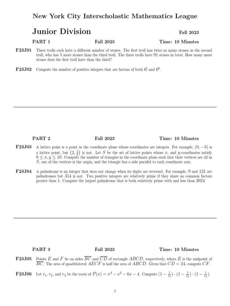 NYCIML - Junior - Contest - f23 - COMPLETE | PDF | Numbers | Area