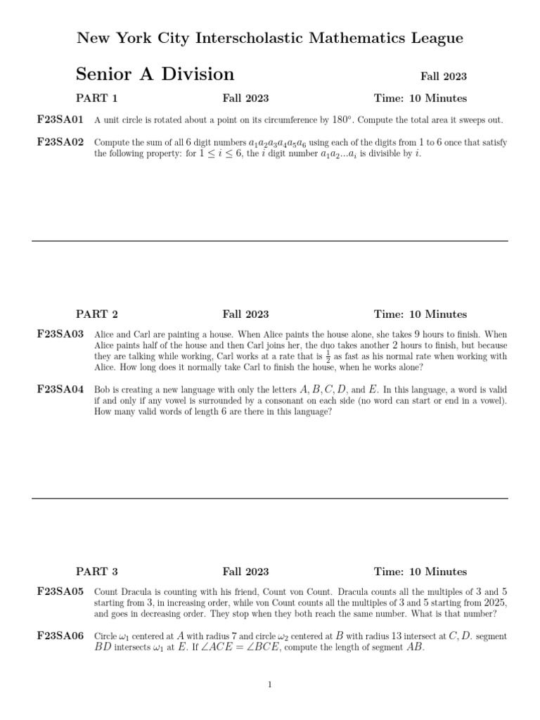 NYC Math League: Fall 2023 Problems | PDF | Mathematics | Elementary ...