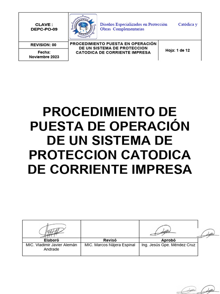 Procedimiento Prearranque de Un Sistema de Proteccion Catodica de Corriente Impresa | PDF ...