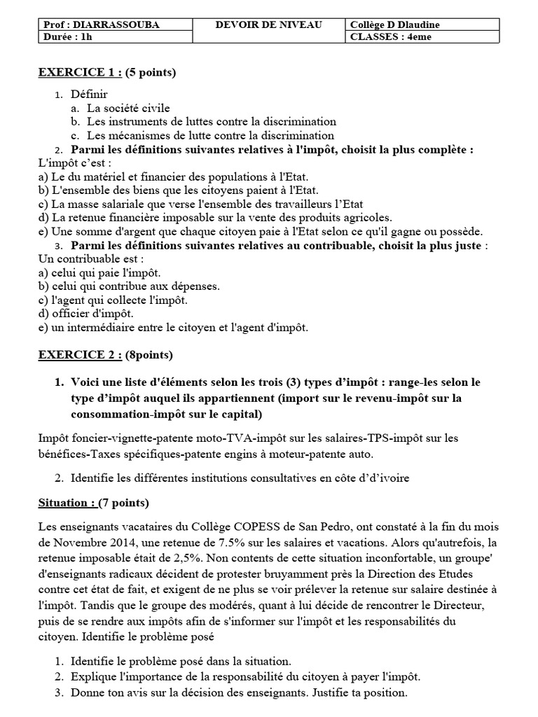 Devoir Edhc 4eme | PDF | Impôts | État