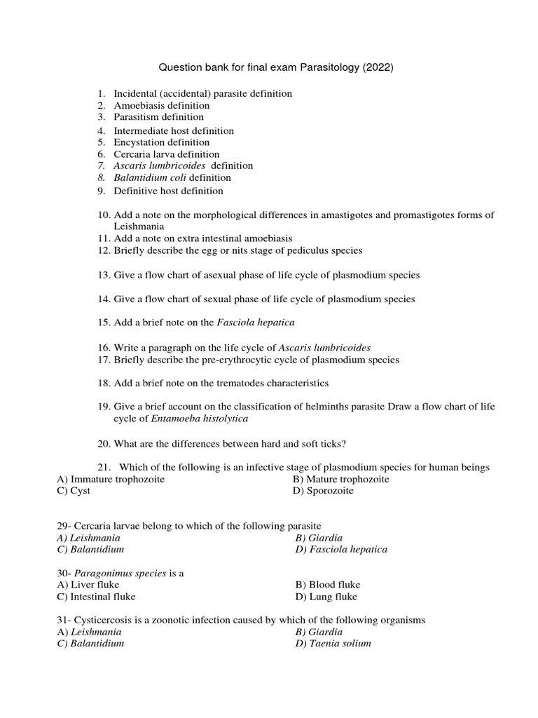 Question Bank of Parasitology | PDF | Parasitism | Plasmodium
