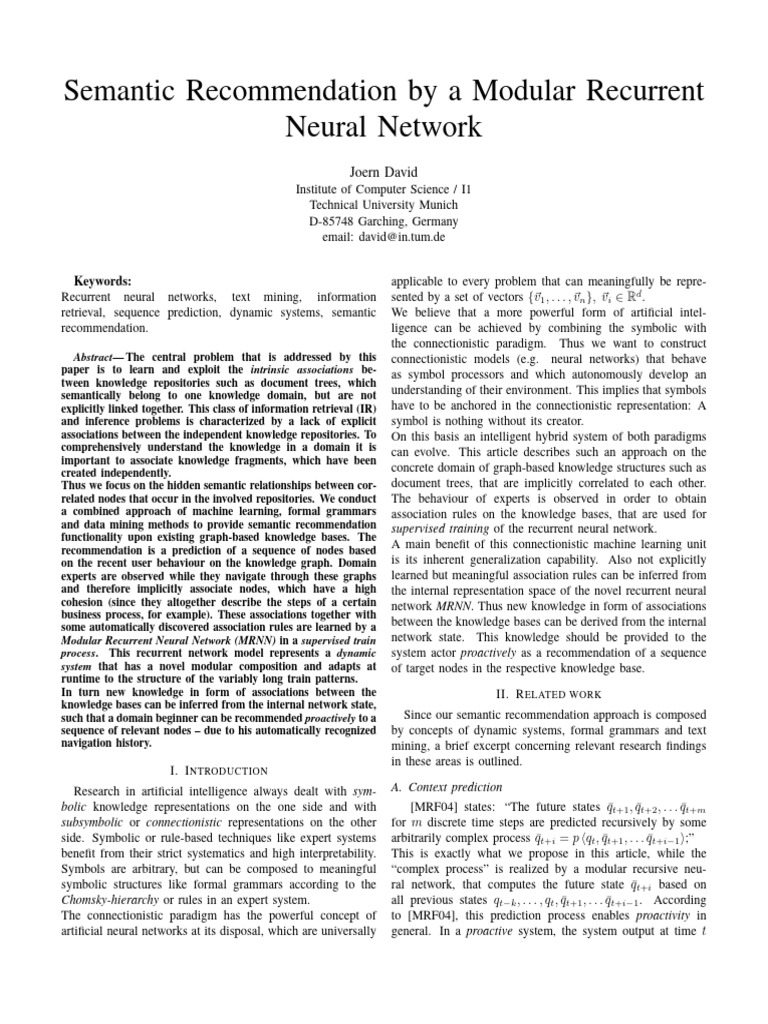 Article Semantic Recommendation by Recurrent Neural Networks David ... Article Semantic Recommendation by Recurrent Neural Networks David ...
