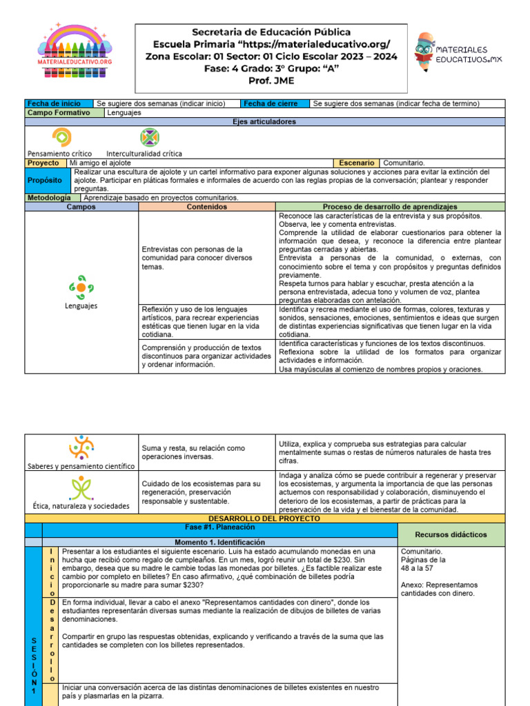Planeación 3ergrado Proyecto Mi Amigo El Ajolote | PDF | Aprendizaje