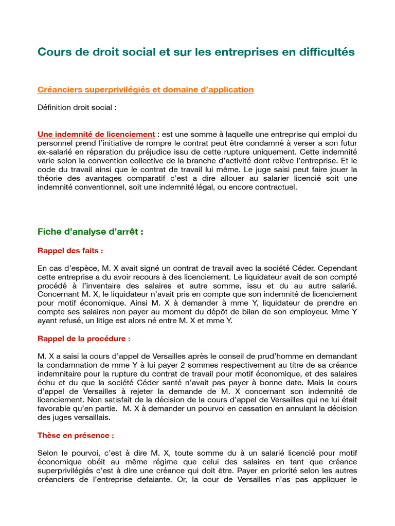 Droit social : Superprivilège et licenciement | PDF | Travail | Business