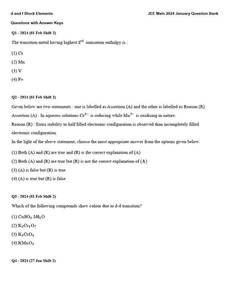 D and F Block Elements - JEE Main 2024 January Question Bank - MathonGo | PDF | Chromium | Atoms