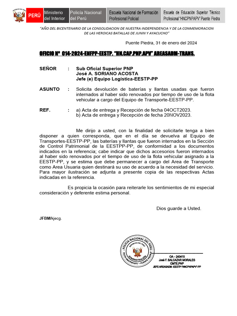 Oficio 014 (Solicita Devolución de Llantas) | PDF