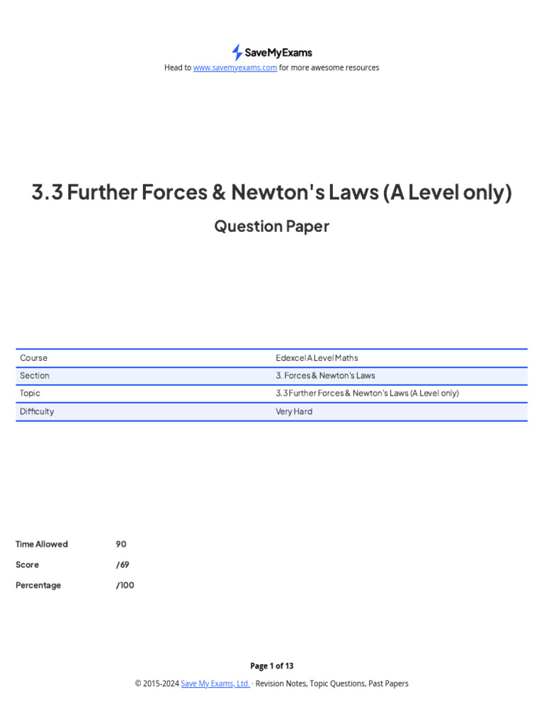 3.3 Further Forces and Newtons Law Very Hard | PDF | Force | Slope