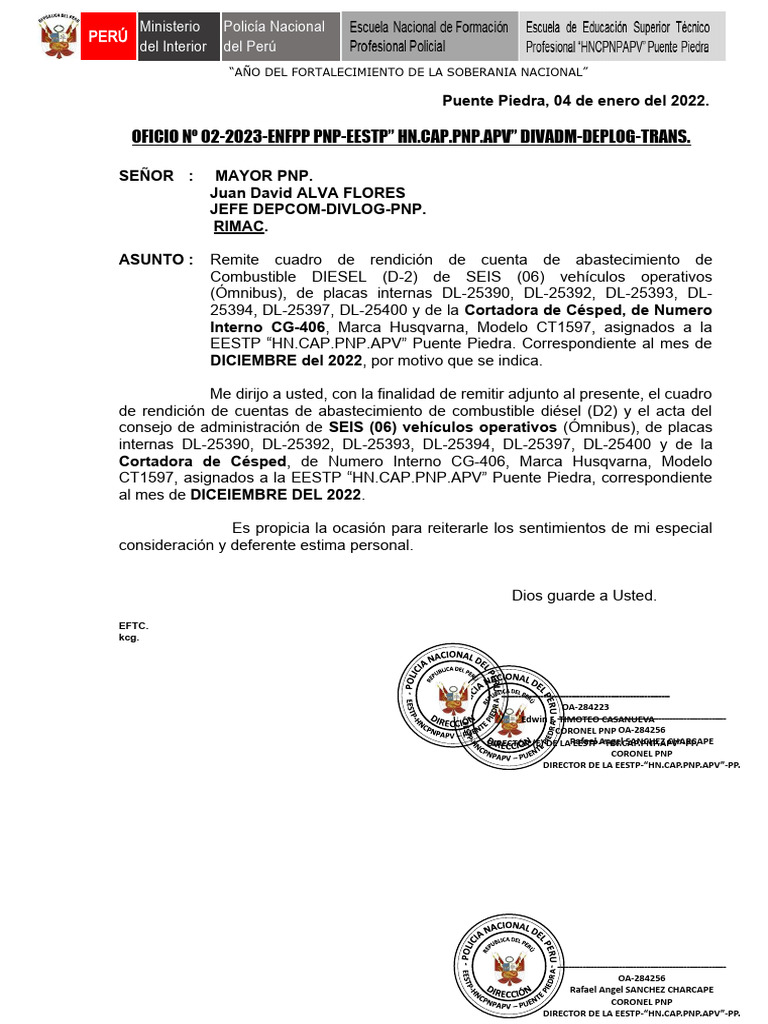 Oficio 02 - Rendicion de Cta-Omnibus-Cortadora-Diciembre-Depcom | PDF | Gobierno | Perú