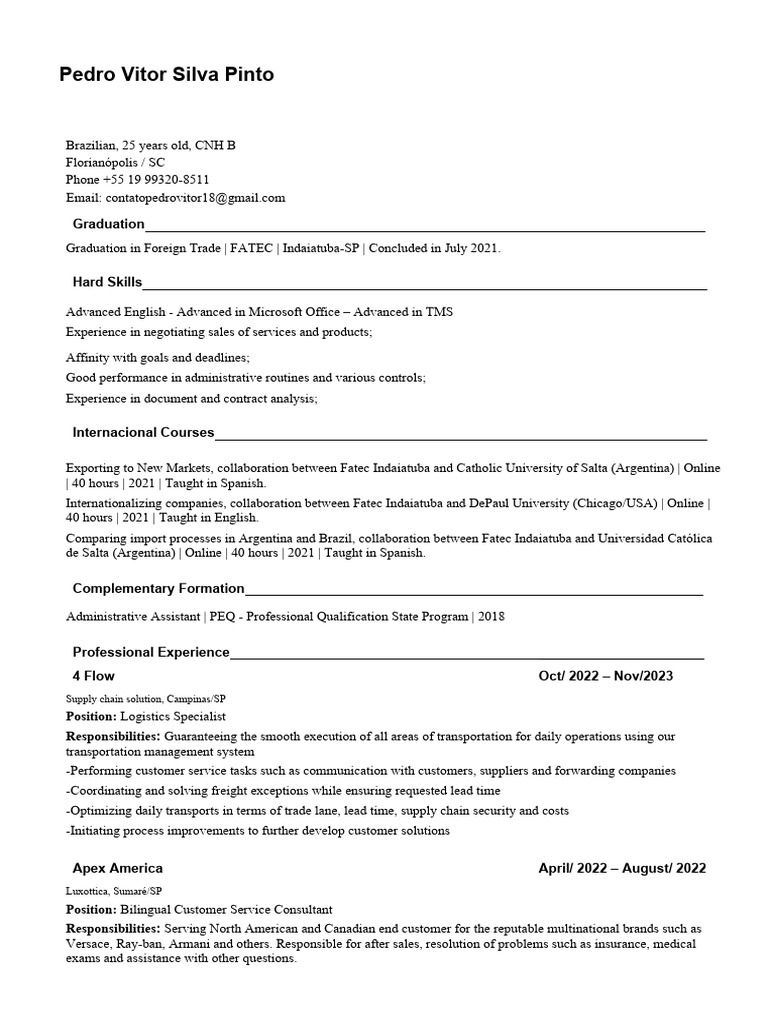 CV Pedro-Vitor-Silva-Pinto PDF | PDF | Supply Chain | Sales