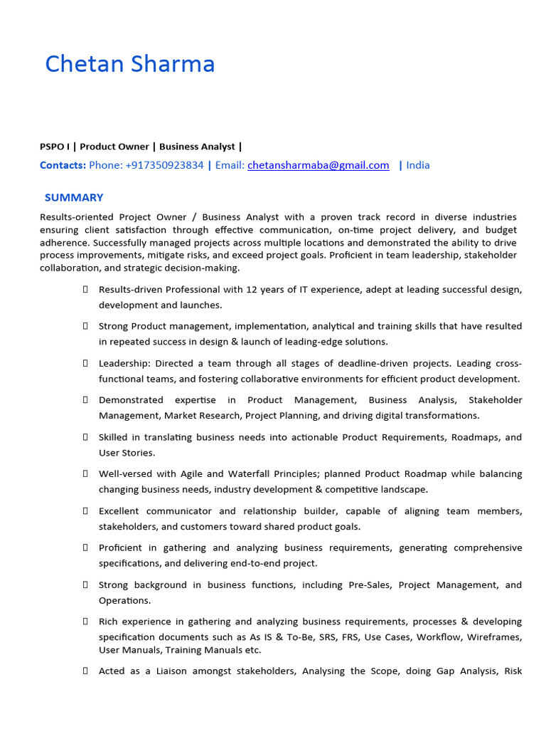 Chetan Sharma - ProductOwner - BusinessAnalyst | PDF | Scrum (Software Development) | Agile ...