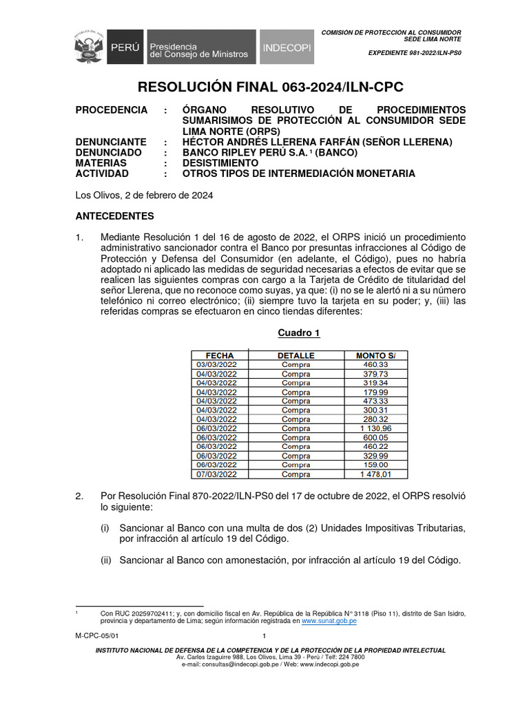 Resolución Final 063-2024/Iln-Cpc: Comisión de Protección Al Consumidor ...