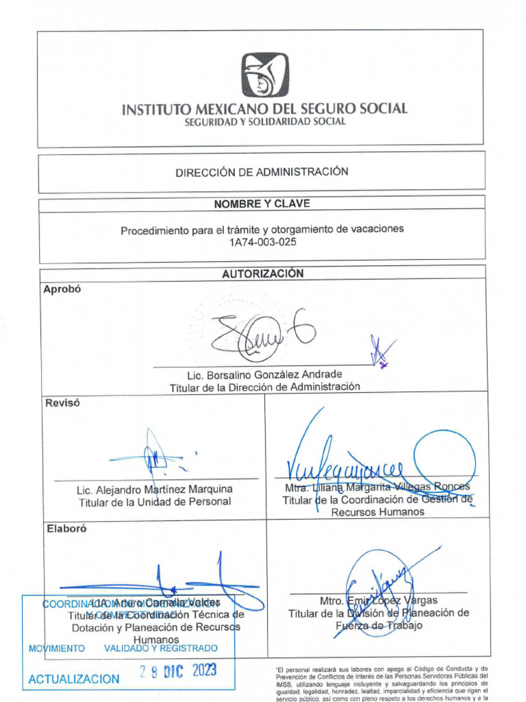 Procedimiento para El Tramite y Otorgamiento de Vacaciones IMSS 1A74-003-025 | PDF ...