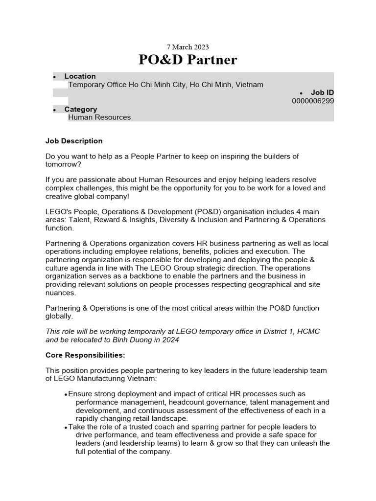 Lego HR Business Partner Role in Vietnam | PDF | Human Resource ...
