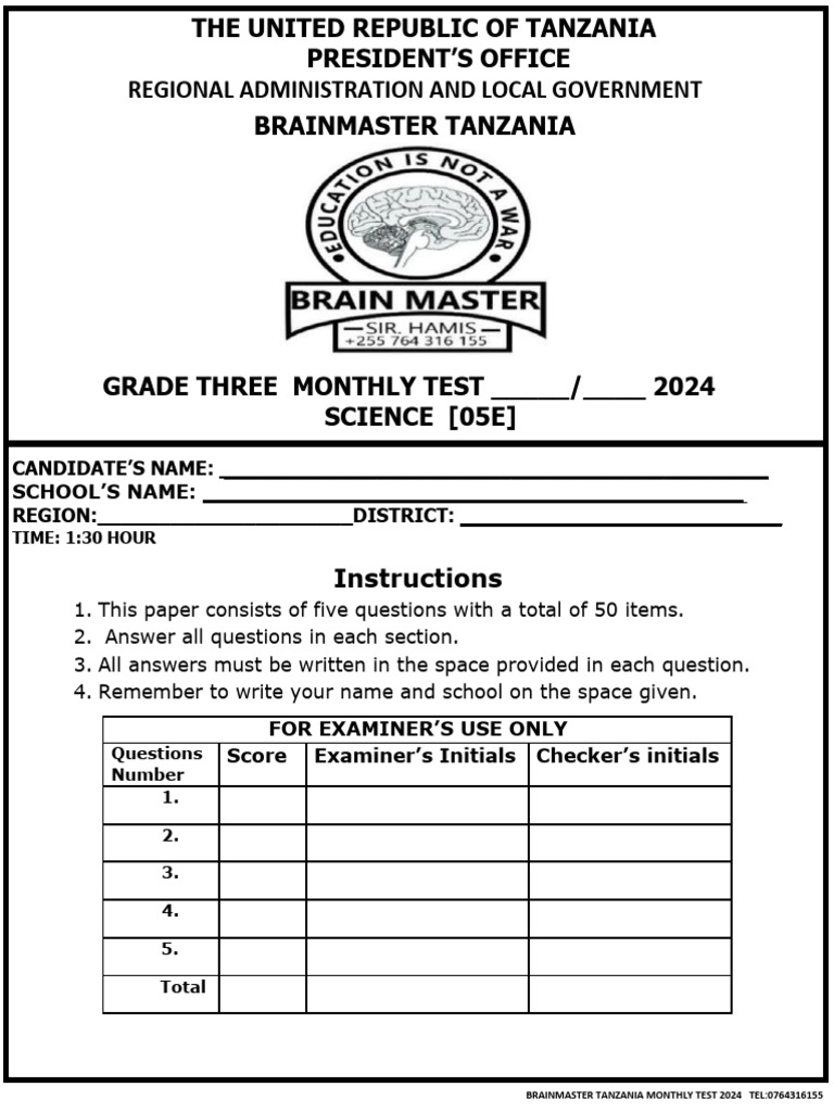 Brainmaster Tanzania g3 Scie Monthly Test 2024 | PDF | Science | Experiment