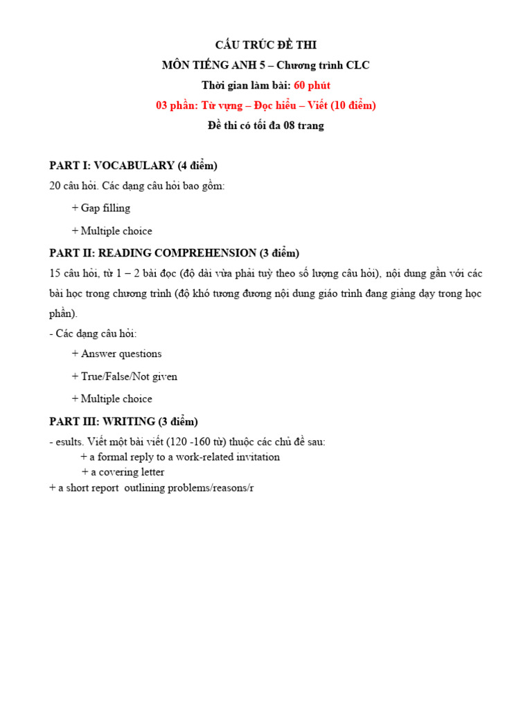 Cấu Trúc Đề Thi TA5 - CLC 2 | PDF